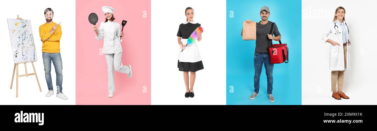 People of different professions. Collage with portraits on various ...