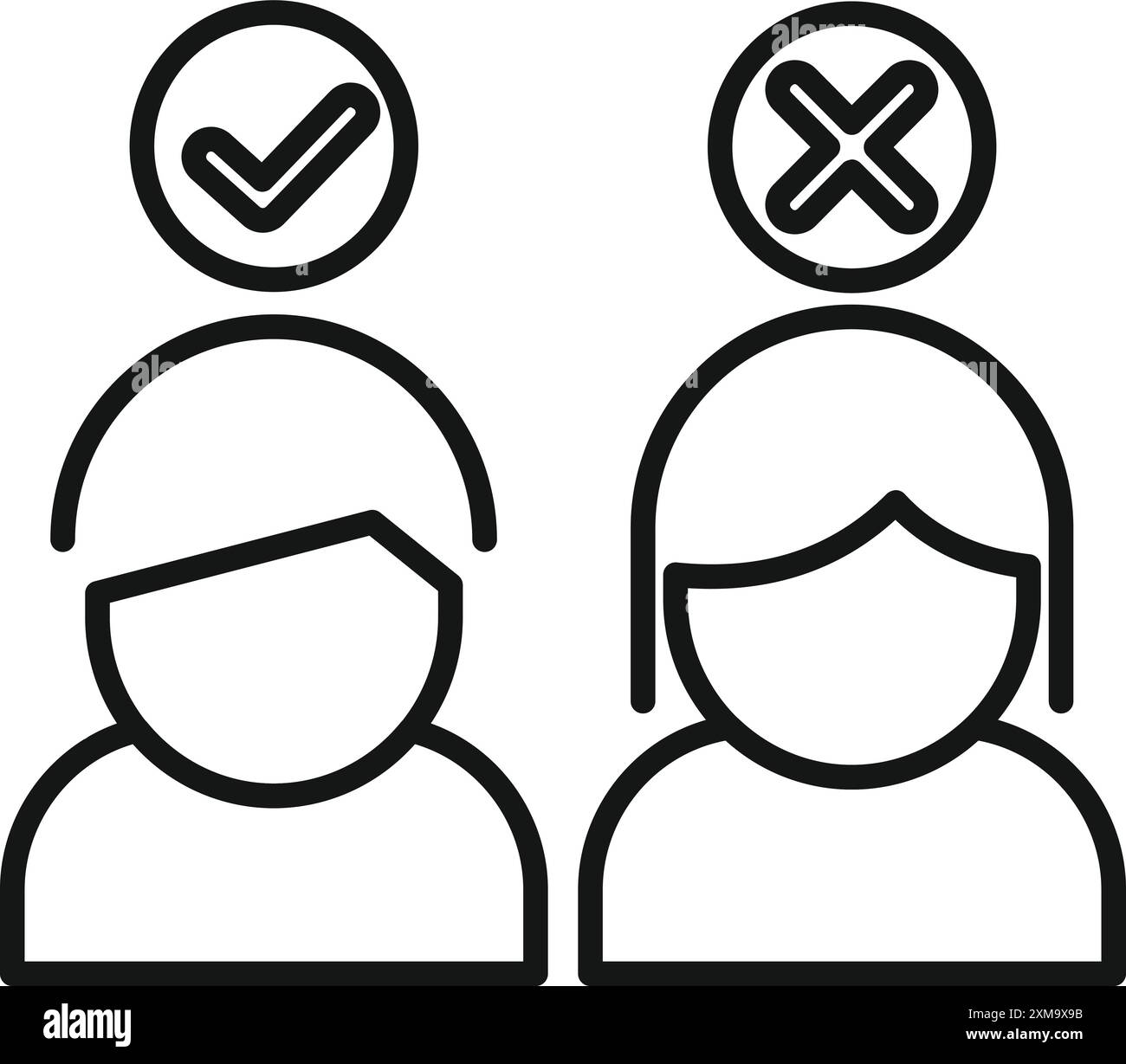 Line drawing of a man and a woman with a checkmark and a cross symbol ...