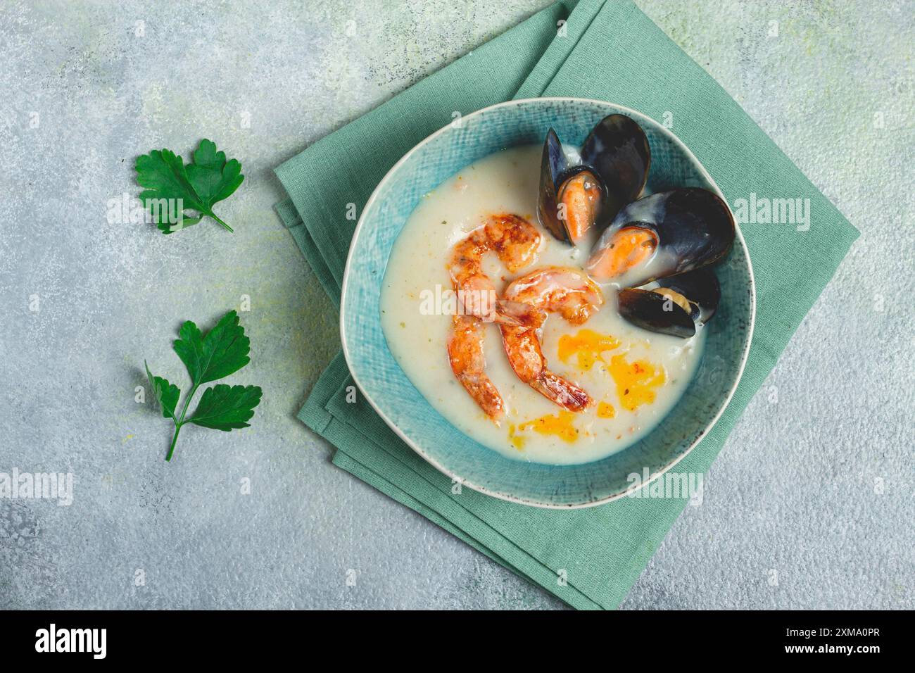Cream soup, chowder with mussels and shrimp, American cuisine, homemade ...