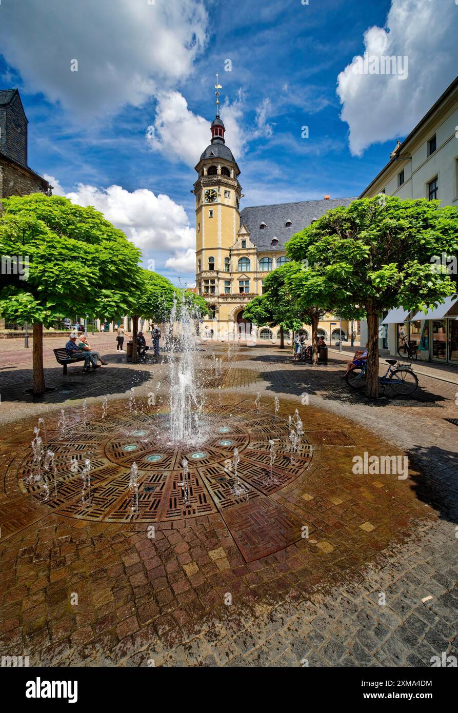 Trick fountains and town hall on the market square, Koethen, Saxony ...