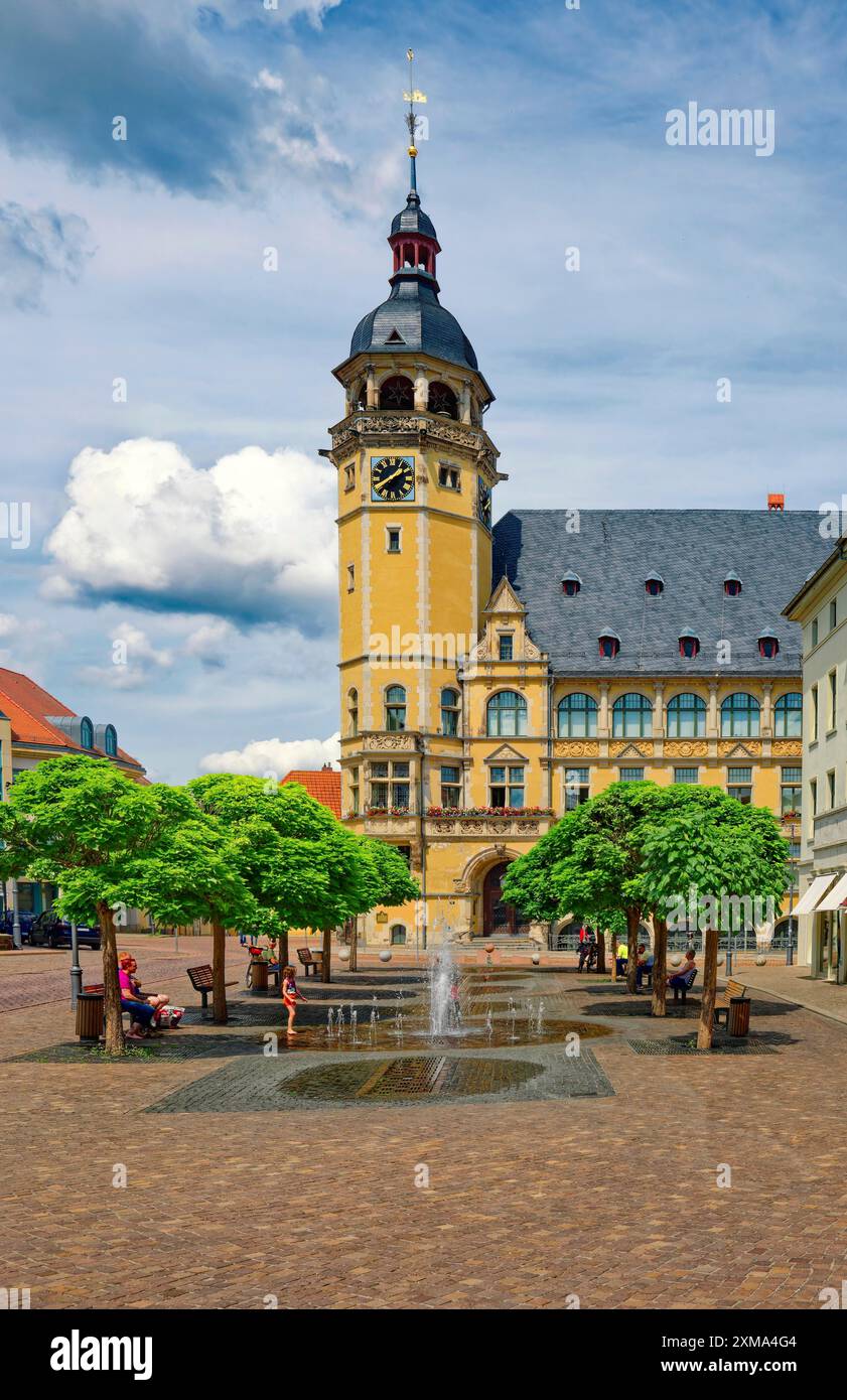 Trick fountains and town hall on the market square, Koethen, Saxony ...