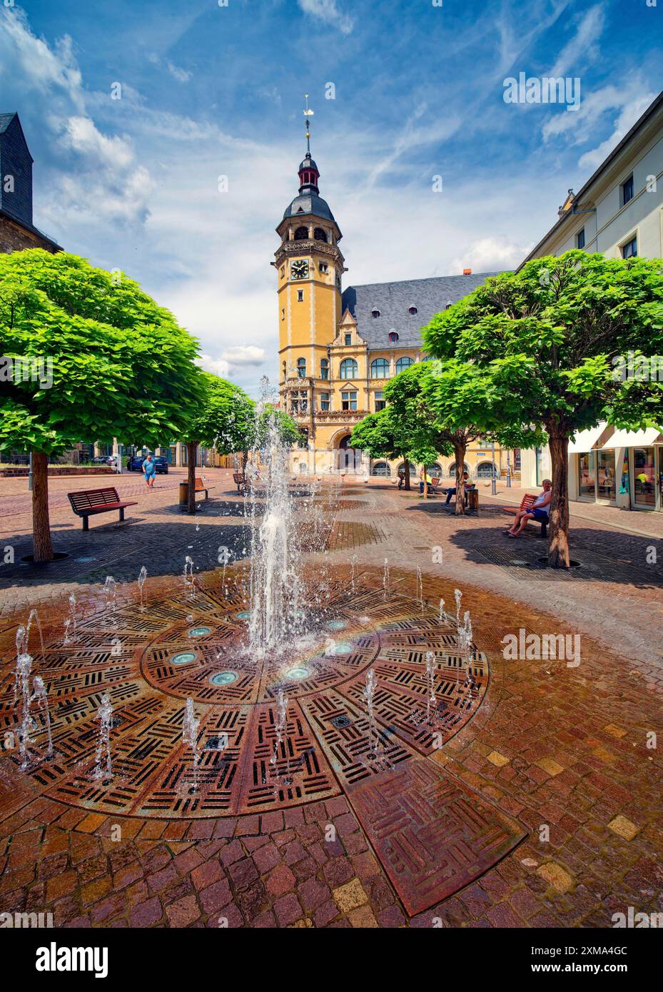 Trick fountains and town hall on the market square, Koethen, Saxony ...