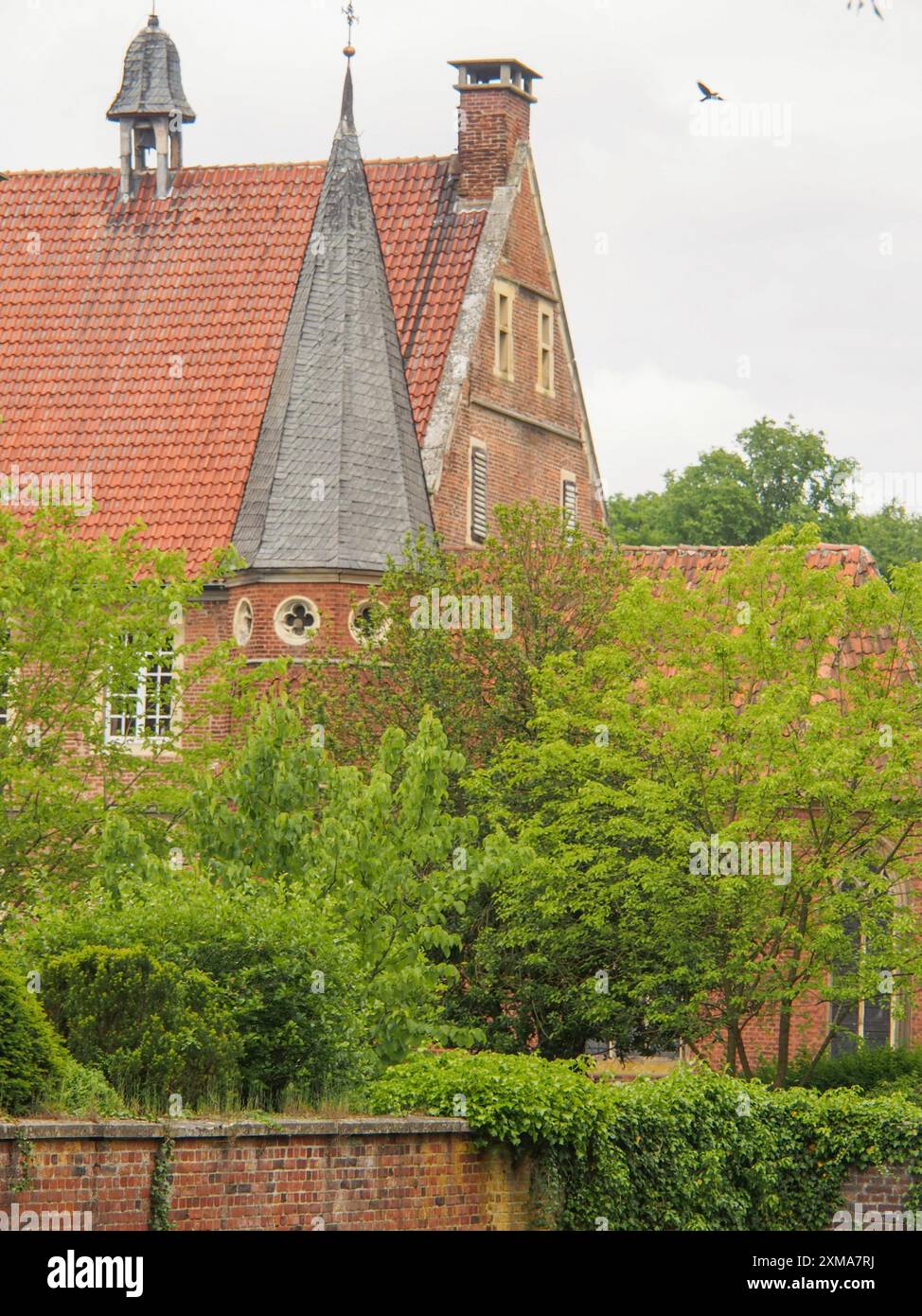 Historic castle with a high brick tower and turrets, surrounded by ...
