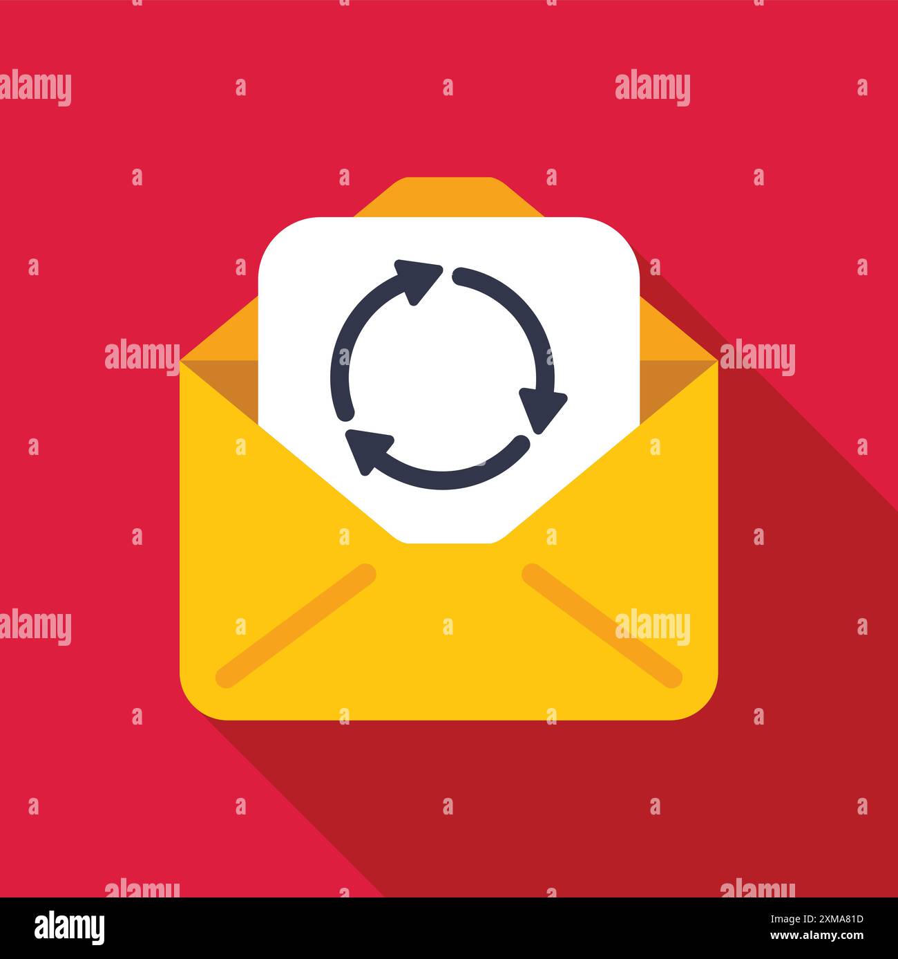 Open yellow envelope containing letter with rotating circular arrows ...