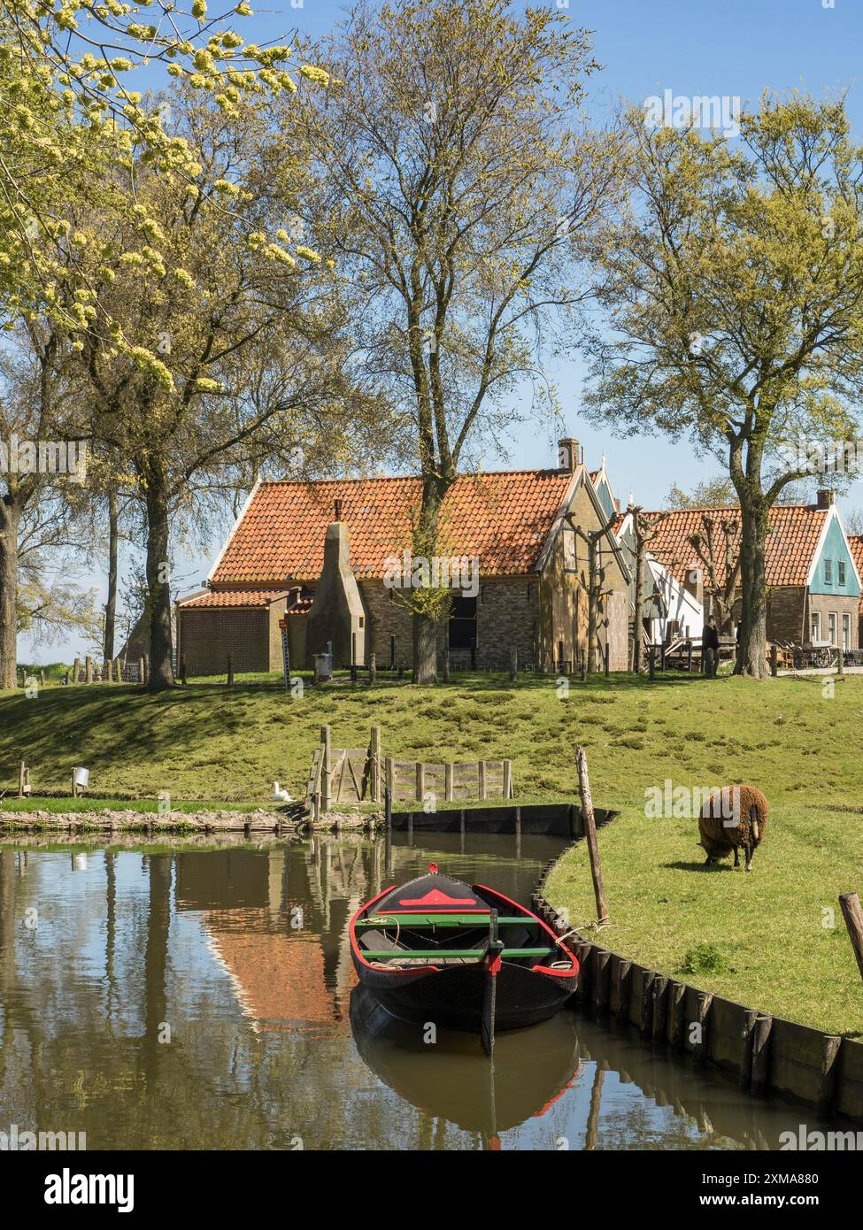 Red wooden boat and a grazing sheep by the water in a traditional ...