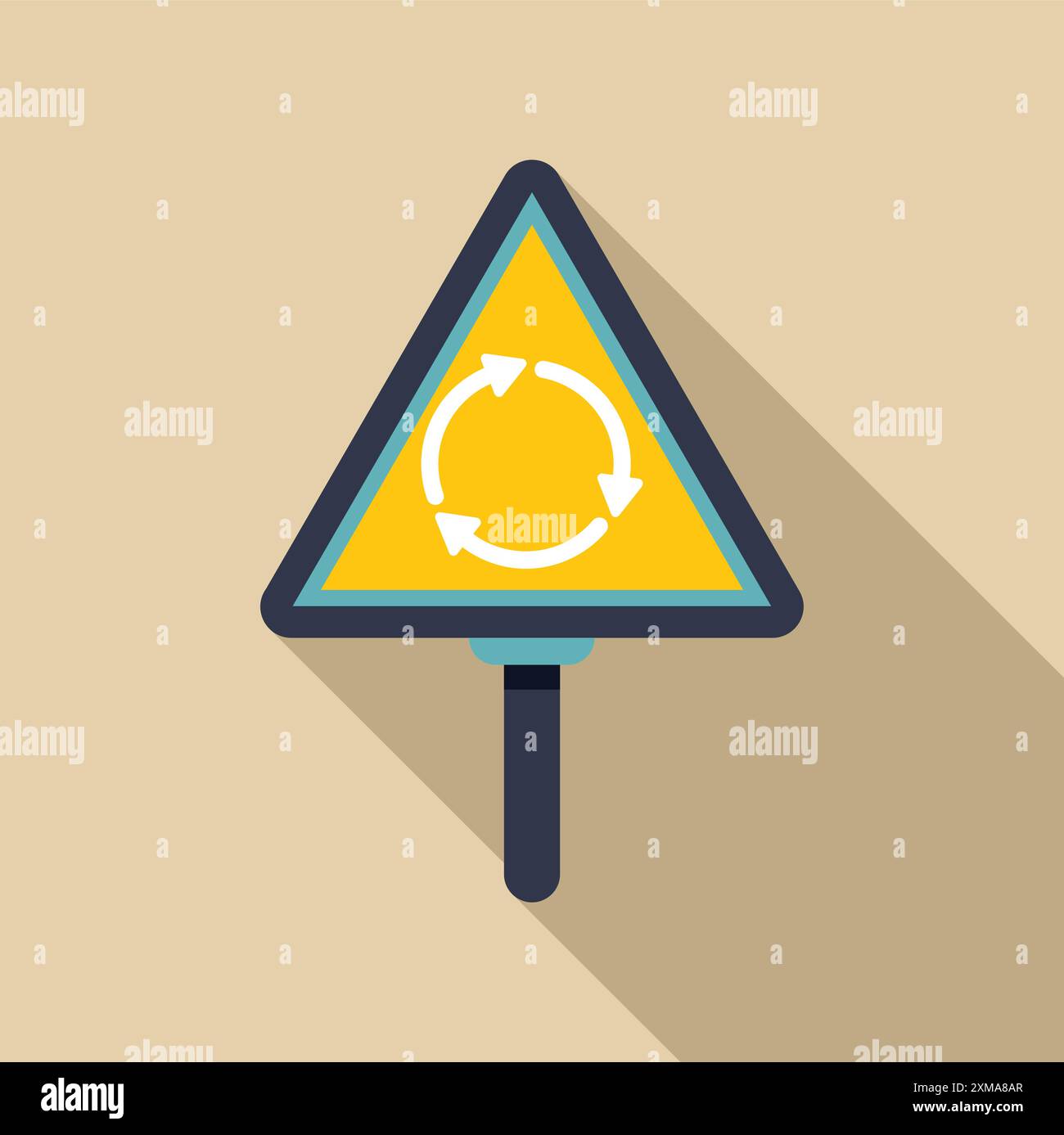 Yellow triangular road sign with roundabout symbol informing drivers ...