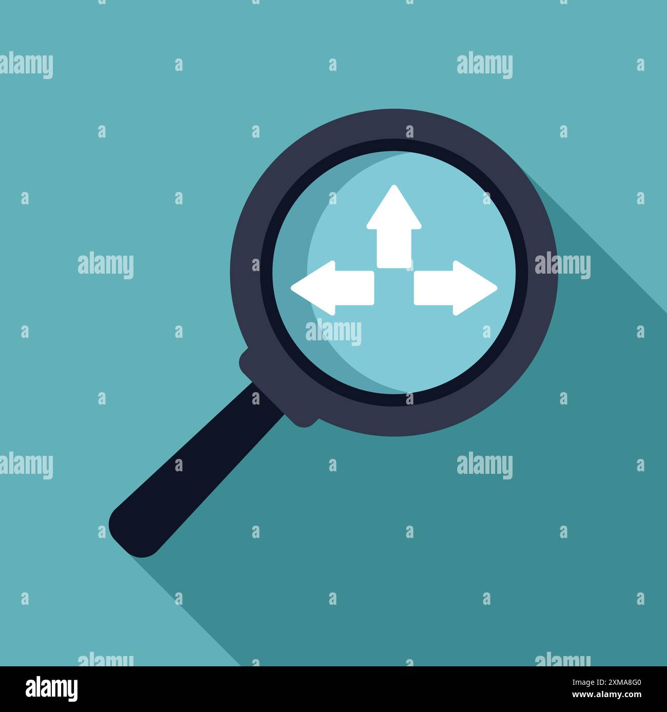 Magnifying glass is analyzing different directions with arrows pointing ...