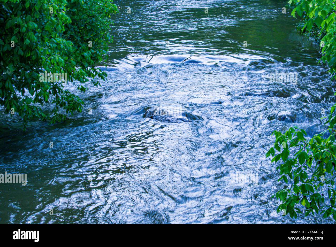 Quiet deep blue creek ripples through tree lined banks Stock Photo - Alamy