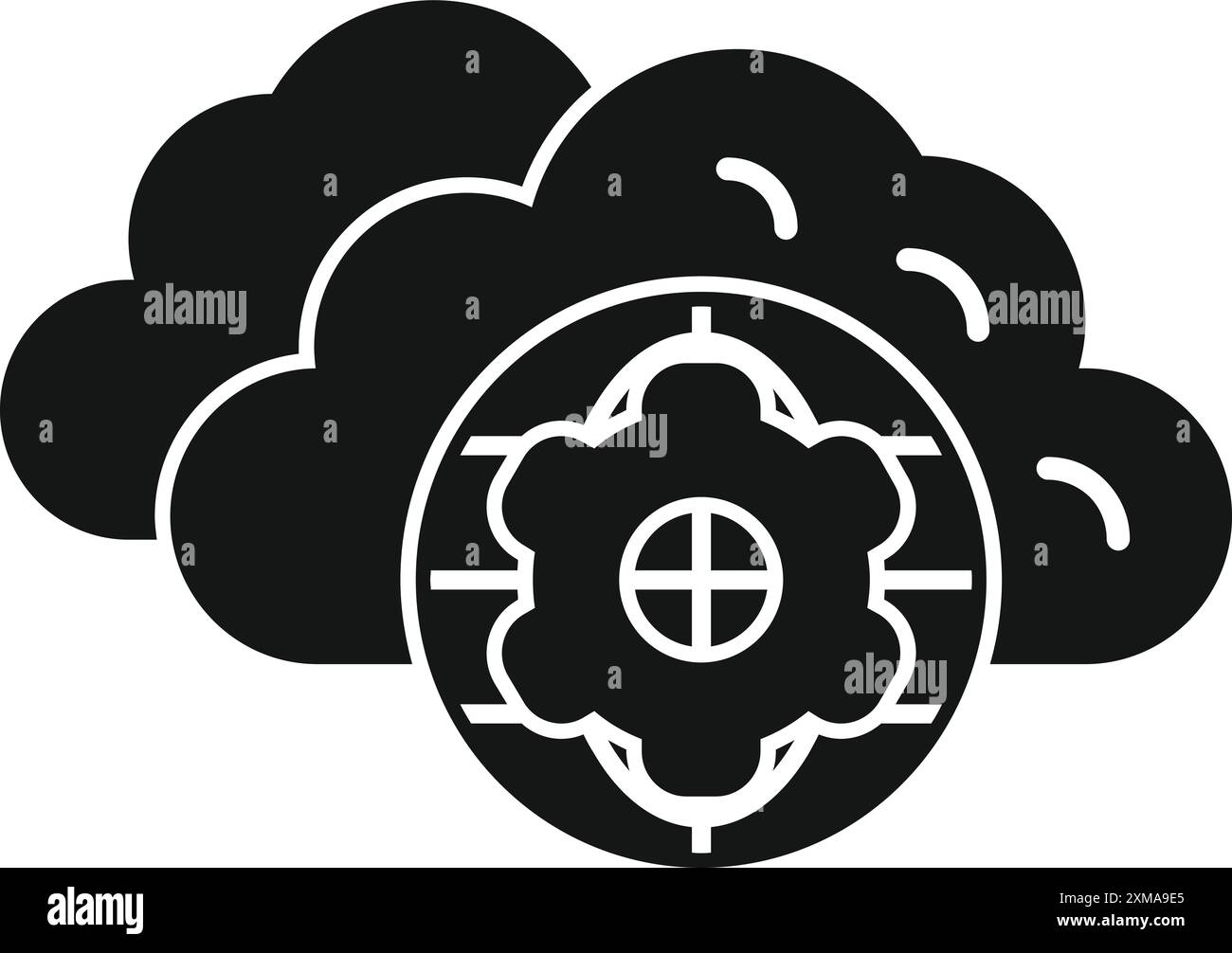 Black and white icon of a gear inside a world grid, representing global ...