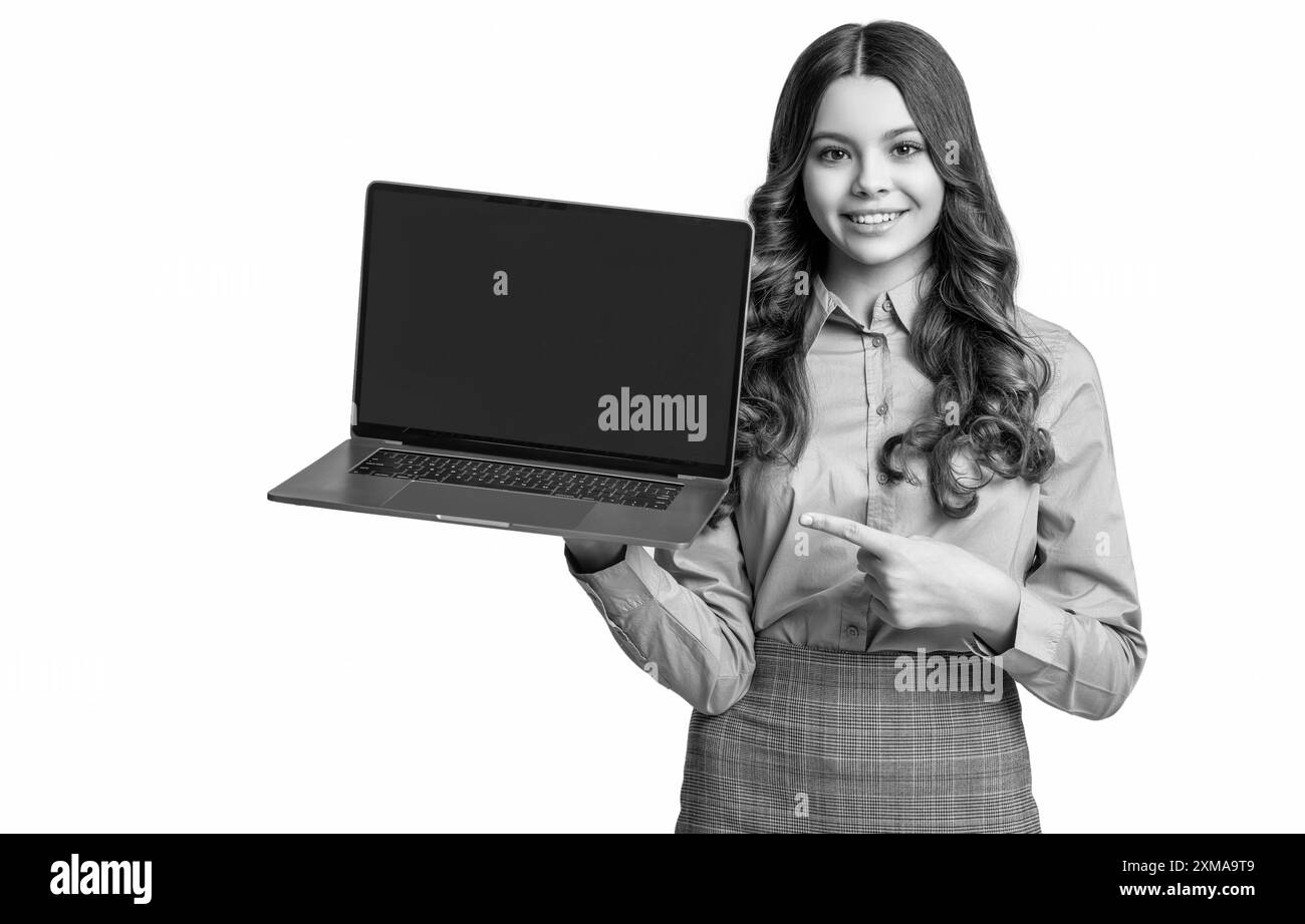 teen girl has online school education, pointing. photo of girl has ...