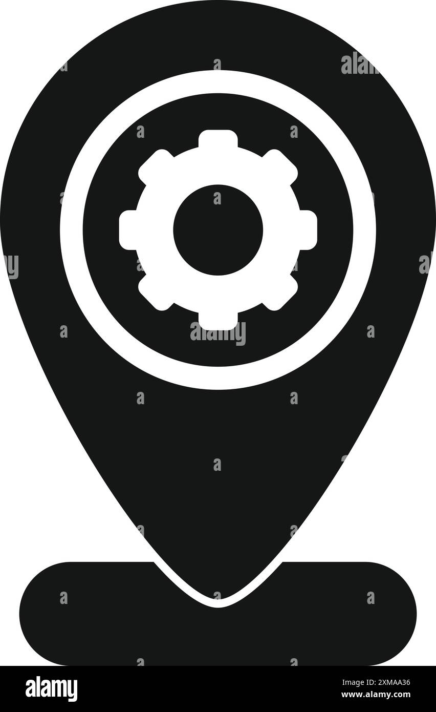 Black location pin icon is showing gear wheel symbol for a service ...