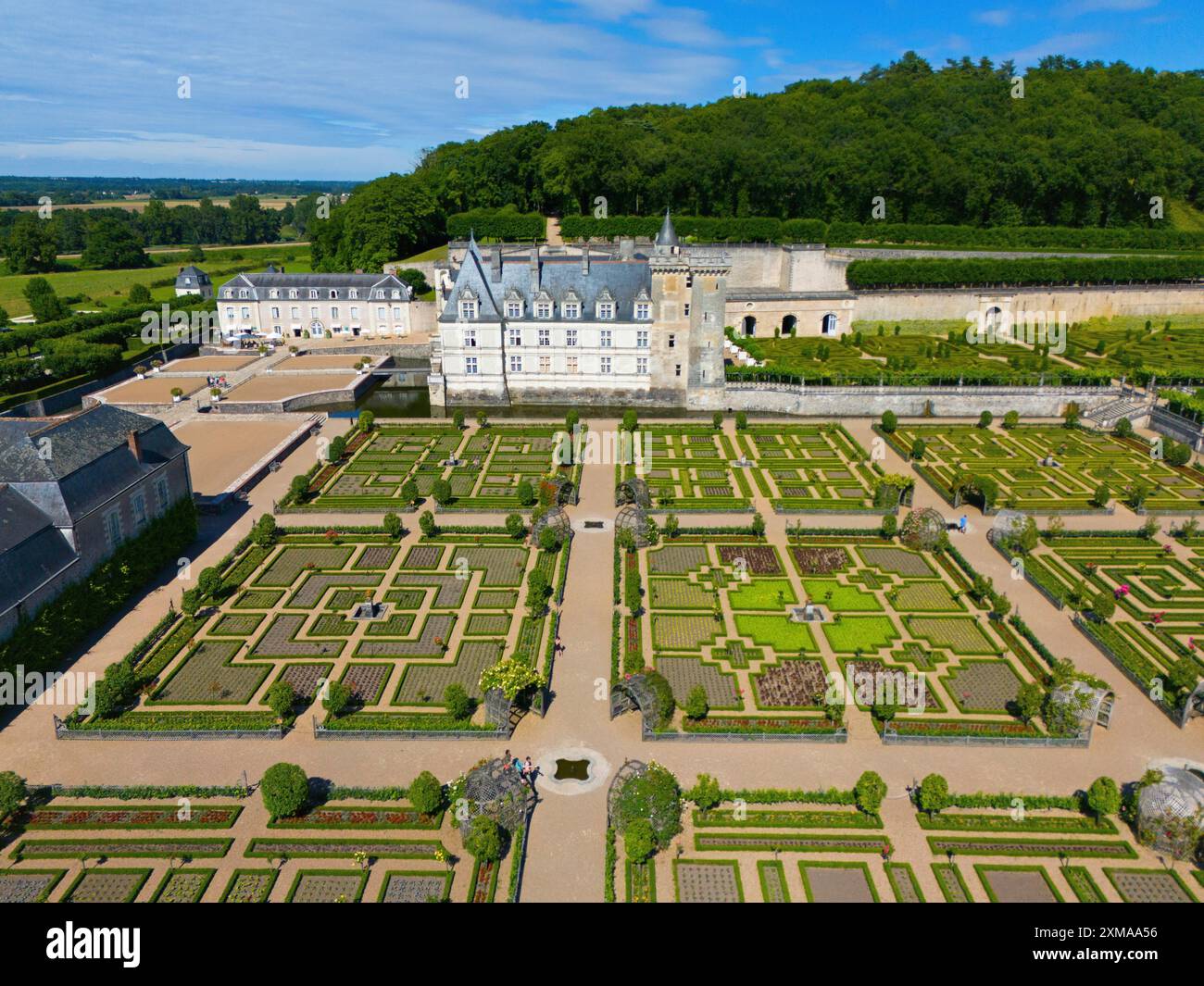 Aerial view of a castle with symmetrical, formal gardens characterised ...