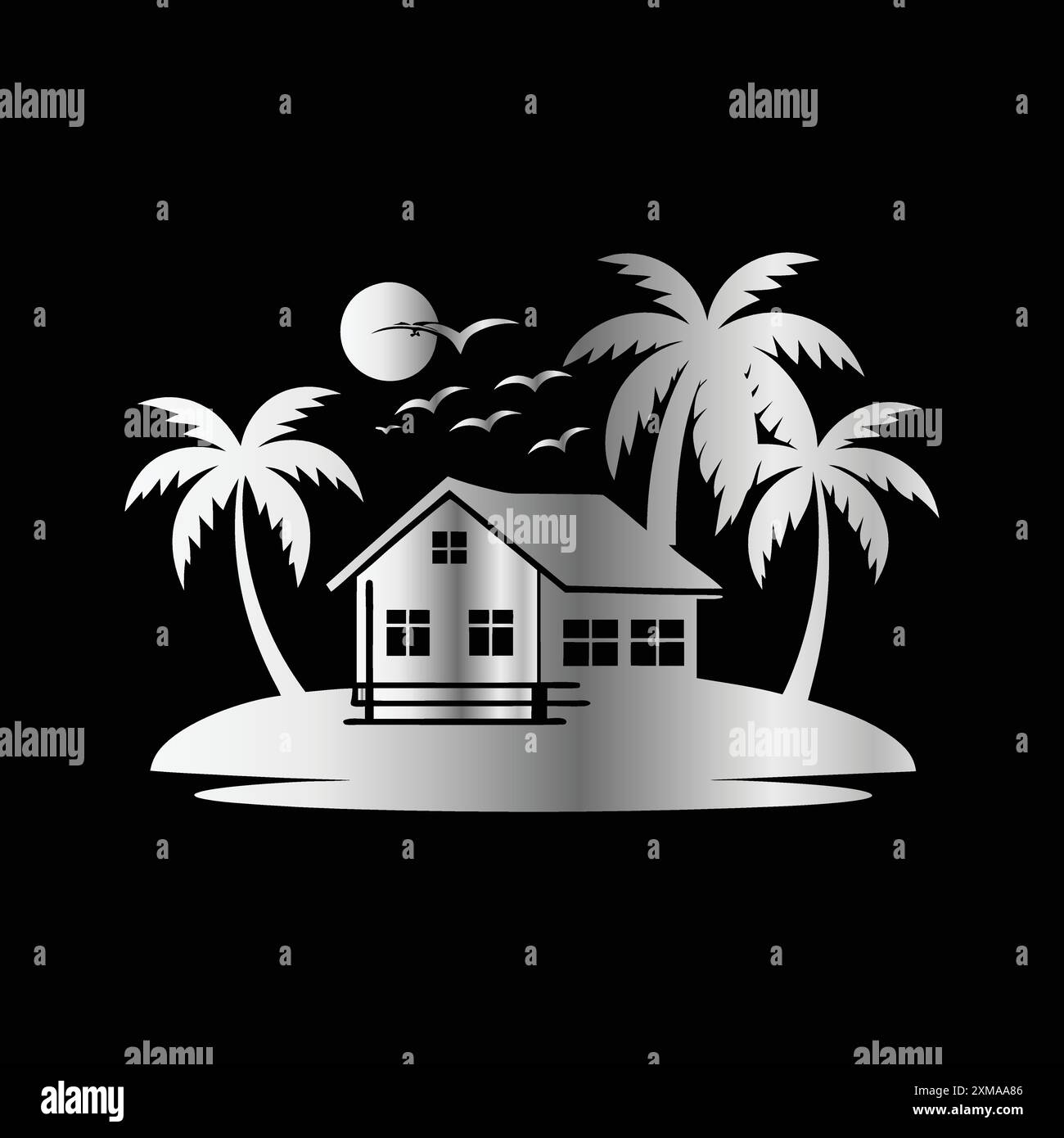 Beach logo with house on the island with palm trees. Vector ...