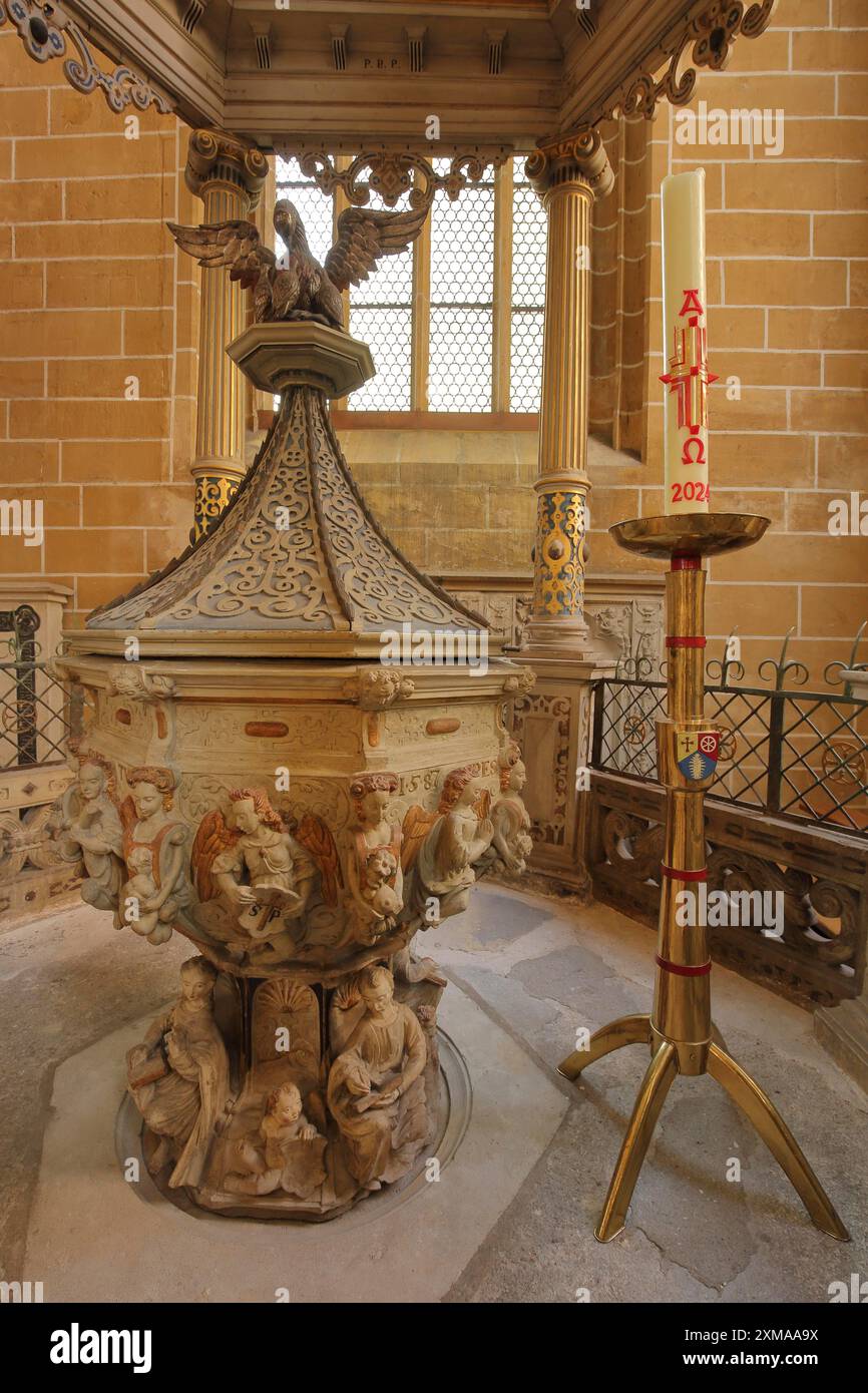 Baptismal font with candlestick, interior view of the UNESCO cathedral ...