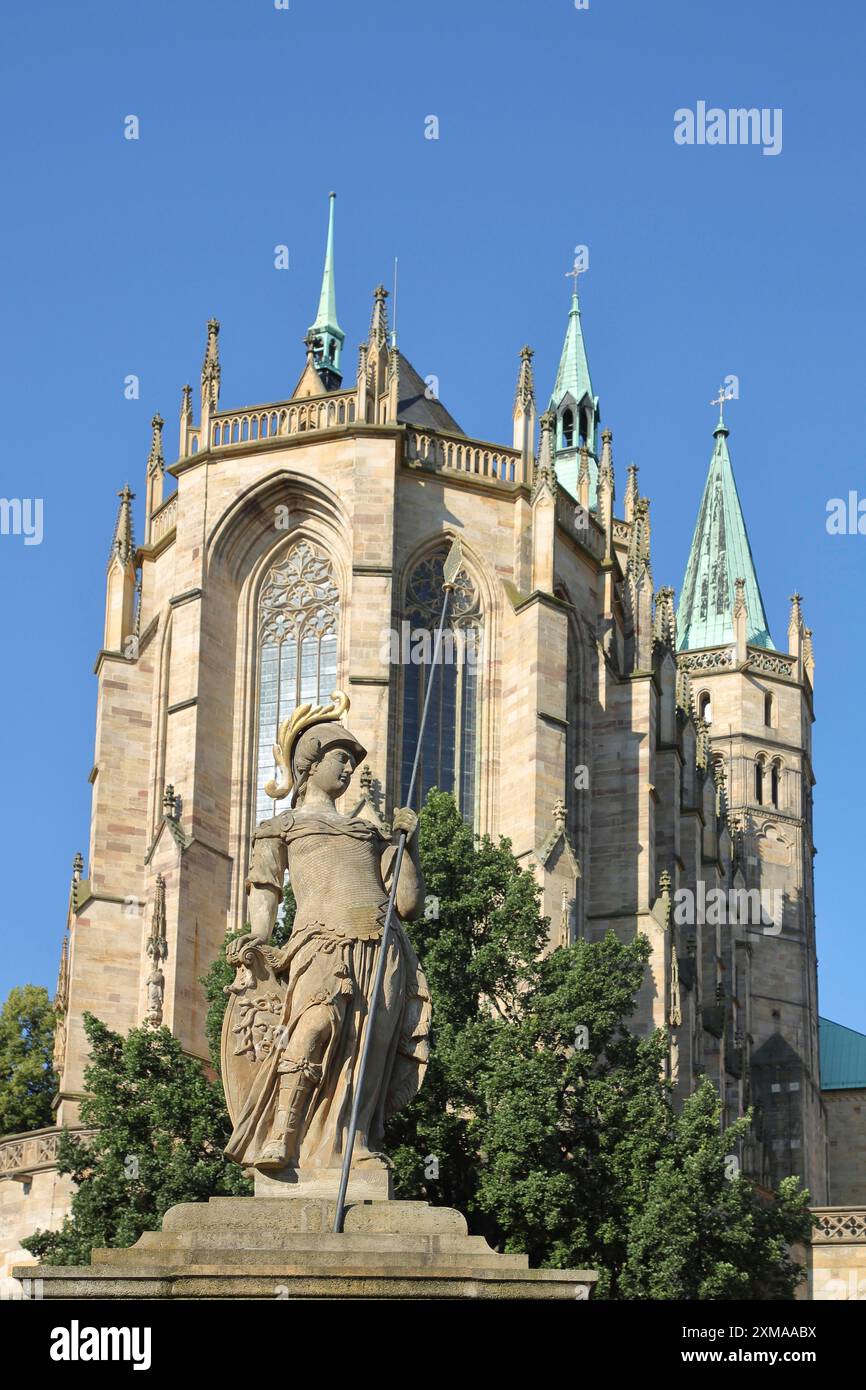 Minerva fountain with sculpture and lance and Gothic UNESCO cathedral ...