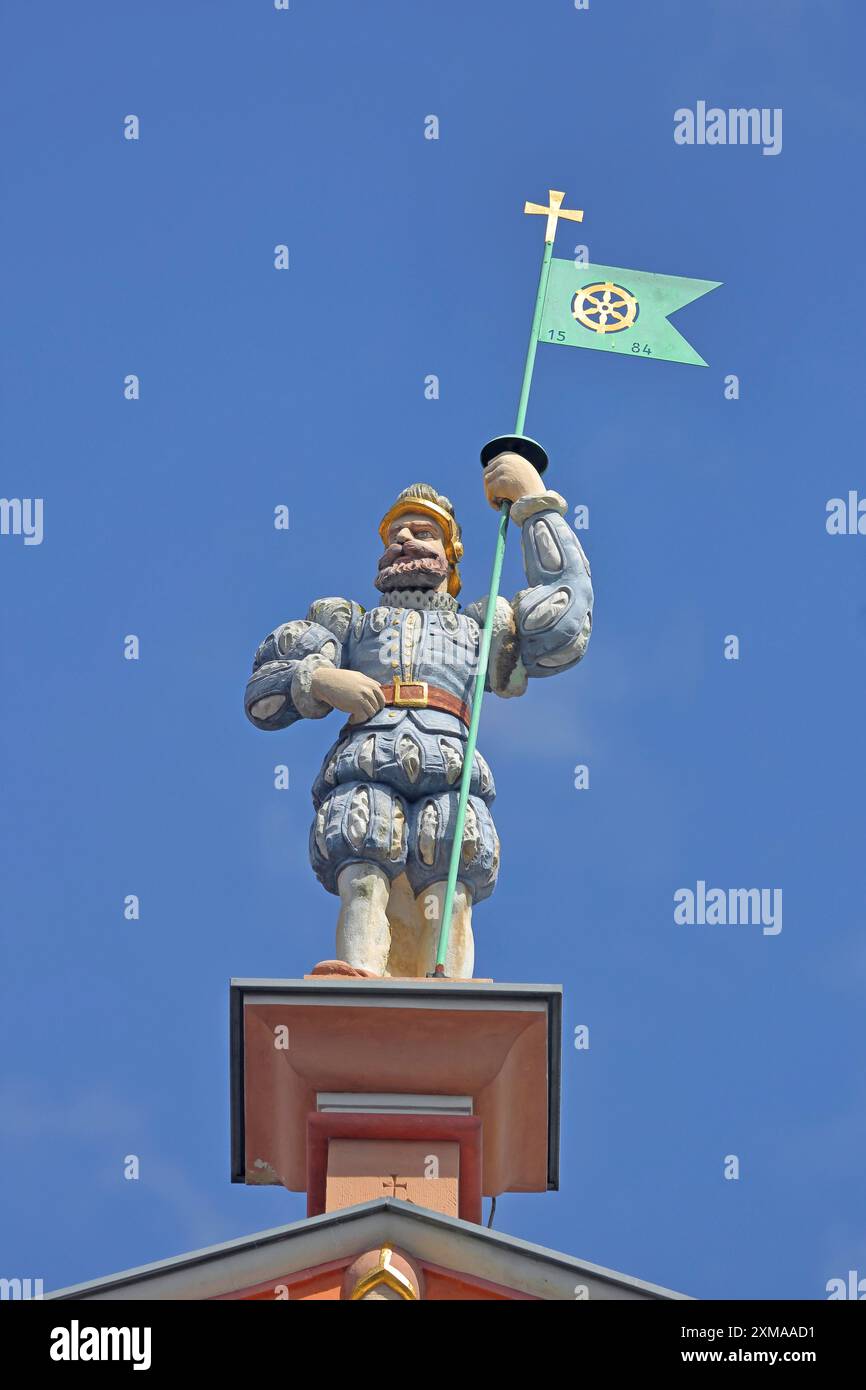 Roof figure with lance and city coat of arms, sculpture, man, warrior ...