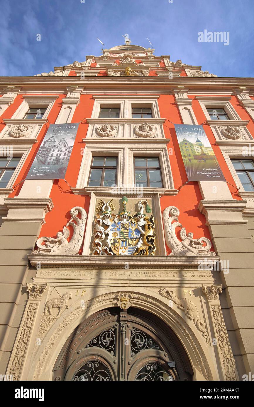 City coat of arms with decorations and year 1574 and view upwards ...