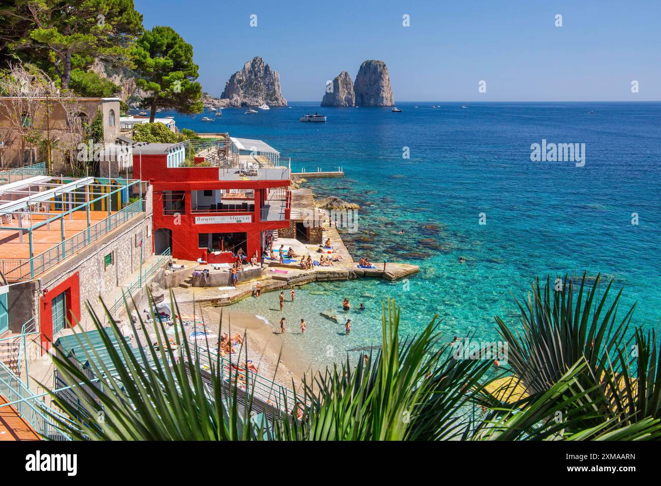 Marina Piccola bay on the south coast with the Faraglioni rocks, the ...