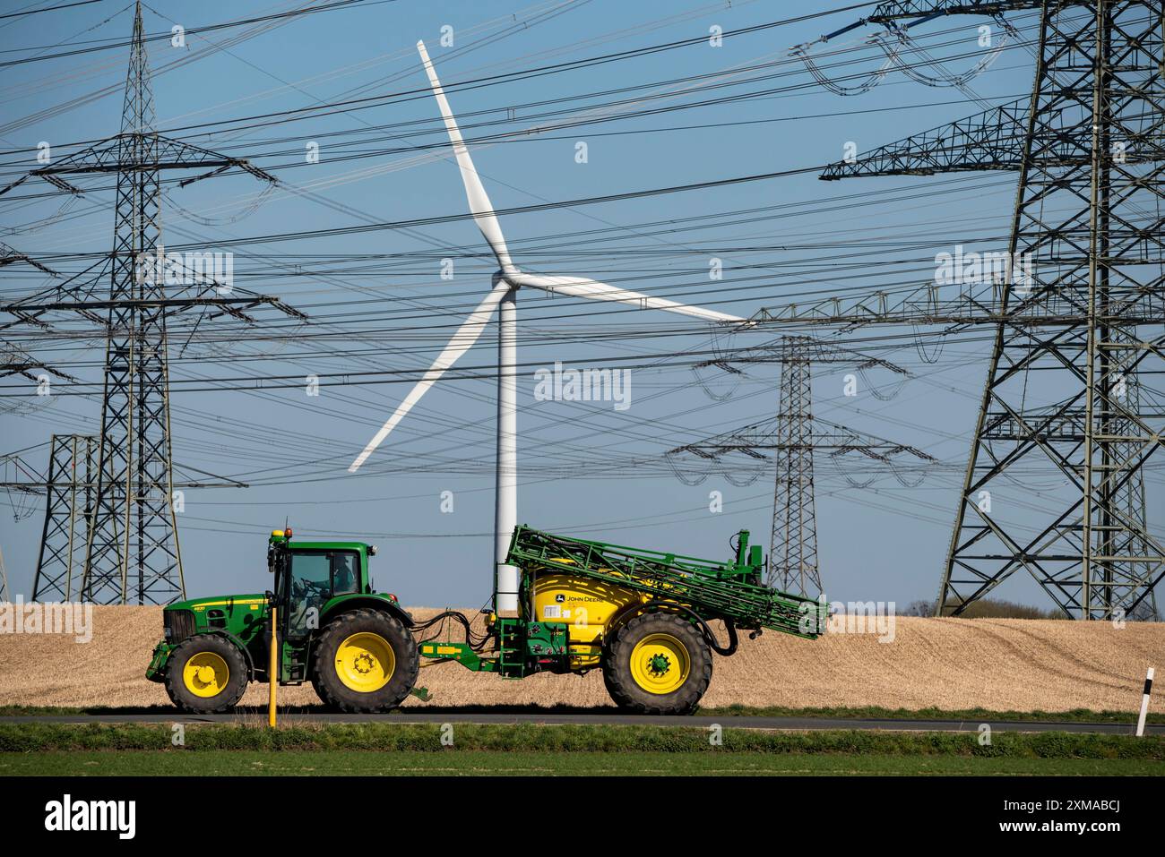 Part of a line route, 380 KV extra-high-voltage line, wind turbine ...