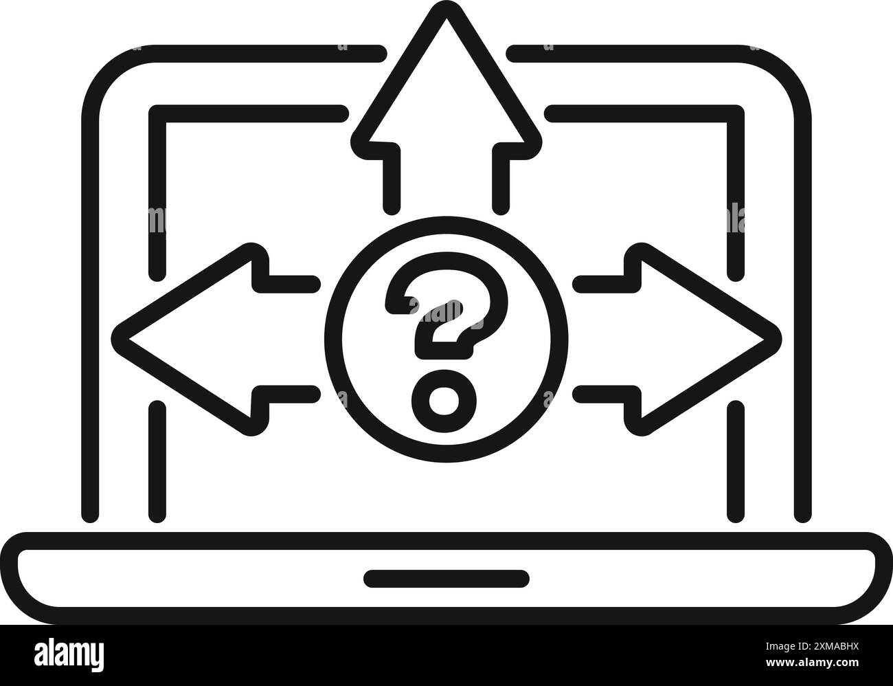 Line icon of a laptop with a question mark and arrows pointing in all ...