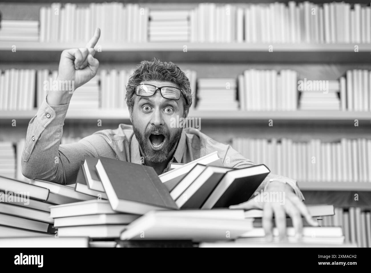 school teacher loves education. bookworm nerd in school library ...