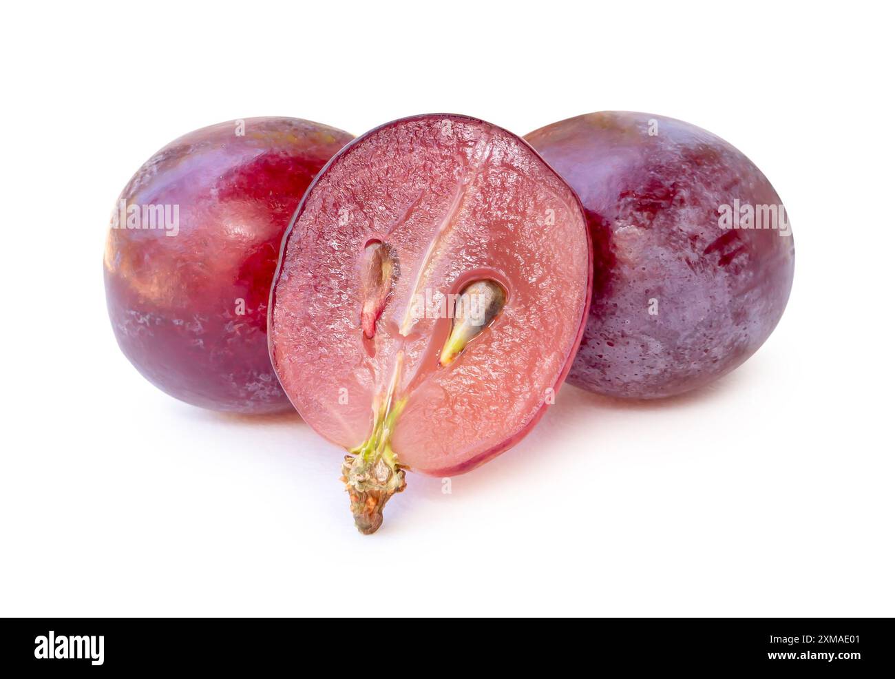 Front view of fresh red grape with half in stack is isolated on white ...