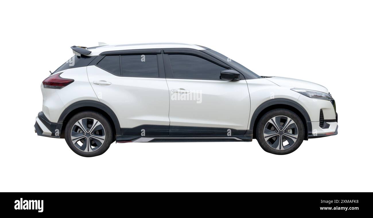 Side view of white hatchback car is isolated on white background with ...