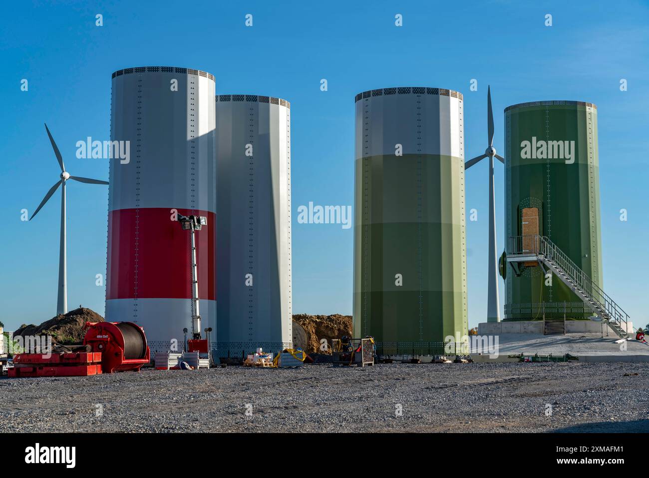 Construction site of a new wind turbine, modules of the tower, wind ...