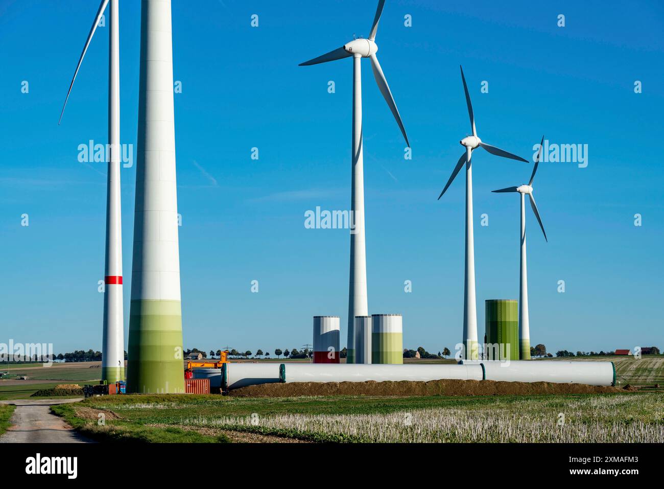 Construction site of a new wind turbine, modules of the tower, wind ...