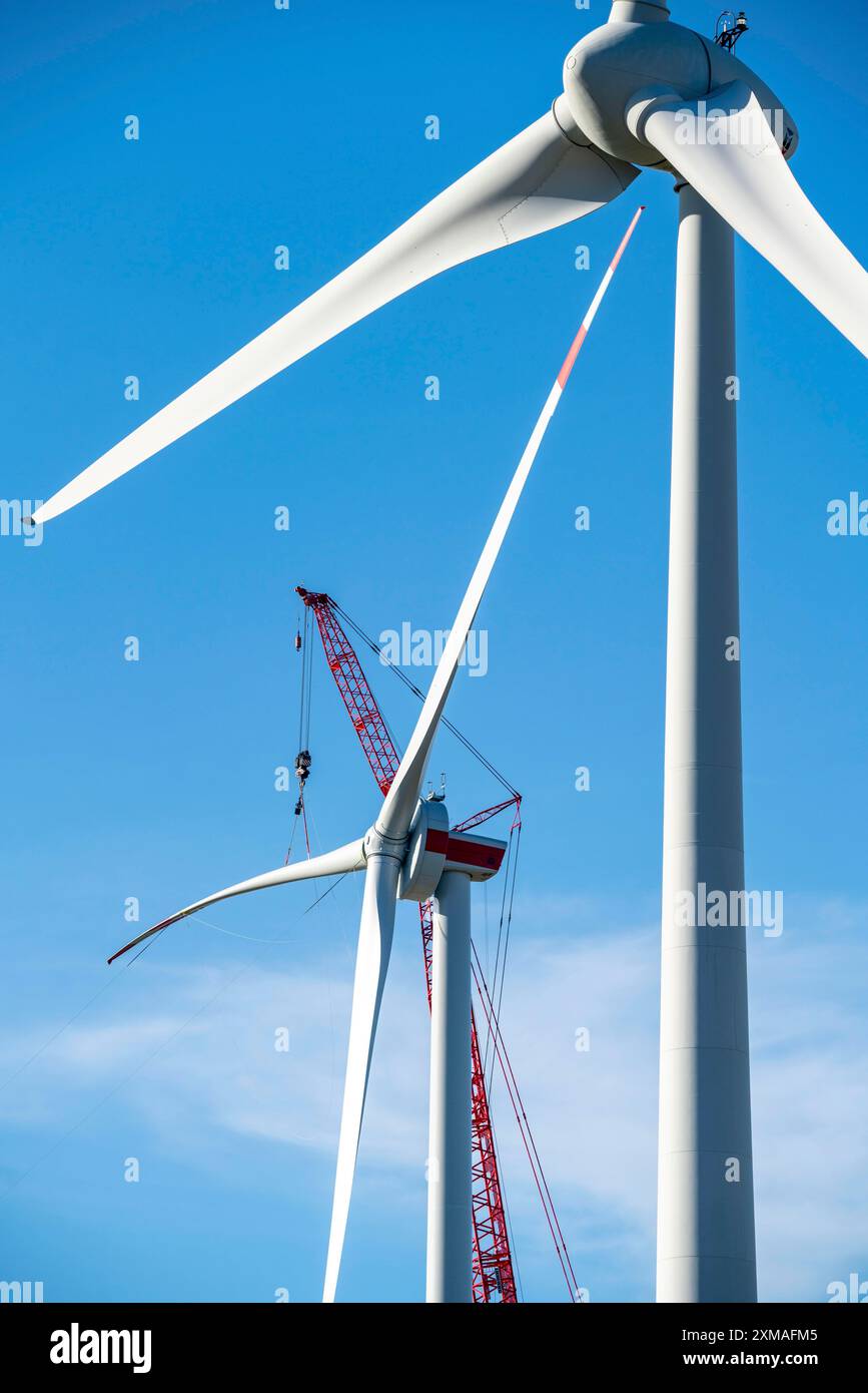 Assembly of a wind turbine, the last rotor blade is being mounted ...