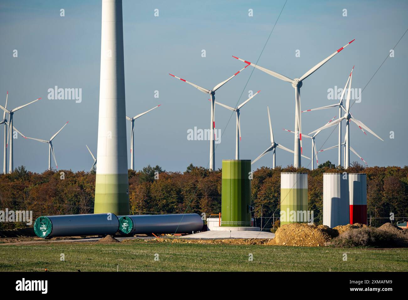 Construction site of a new wind turbine, modules of the tower, wind ...