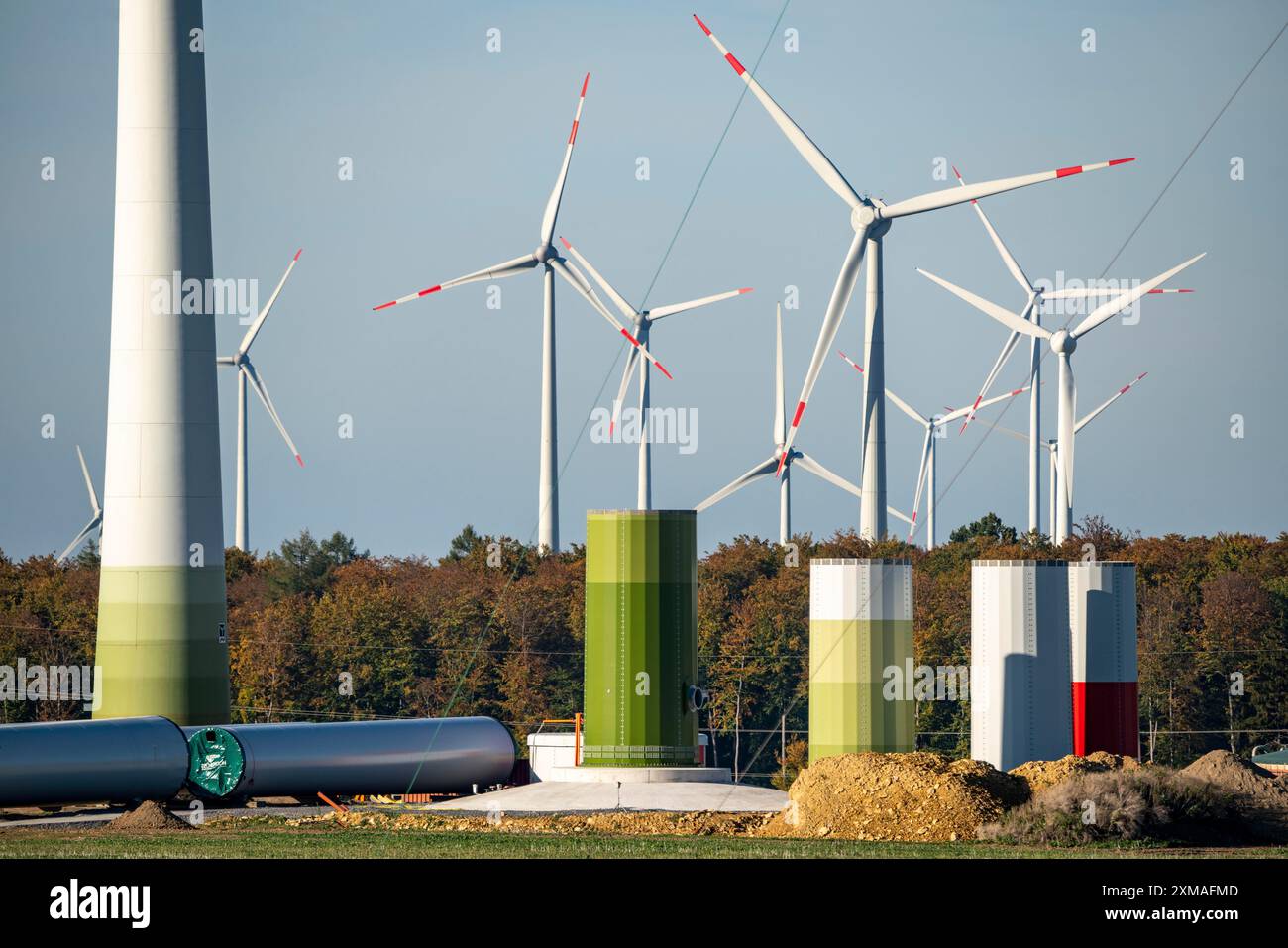 Construction site of a new wind turbine, modules of the tower, wind ...