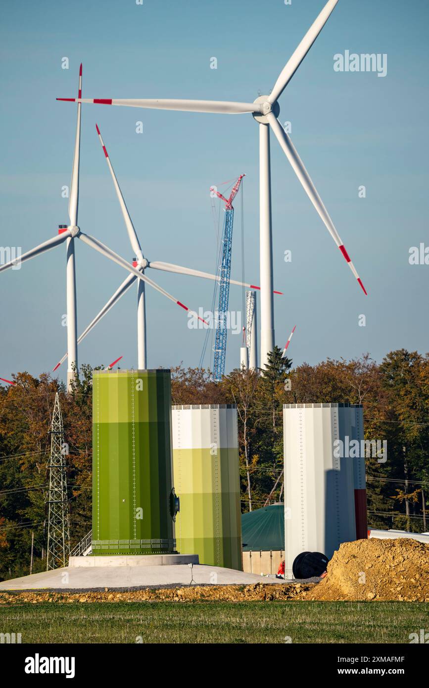 Construction site of a new wind turbine, modules of the tower, wind ...