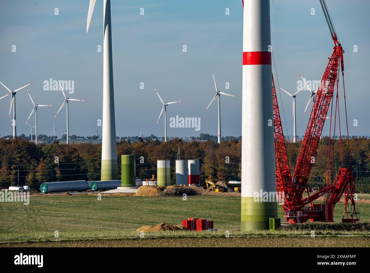 Construction site of a new wind turbine, modules of the tower, wind ...
