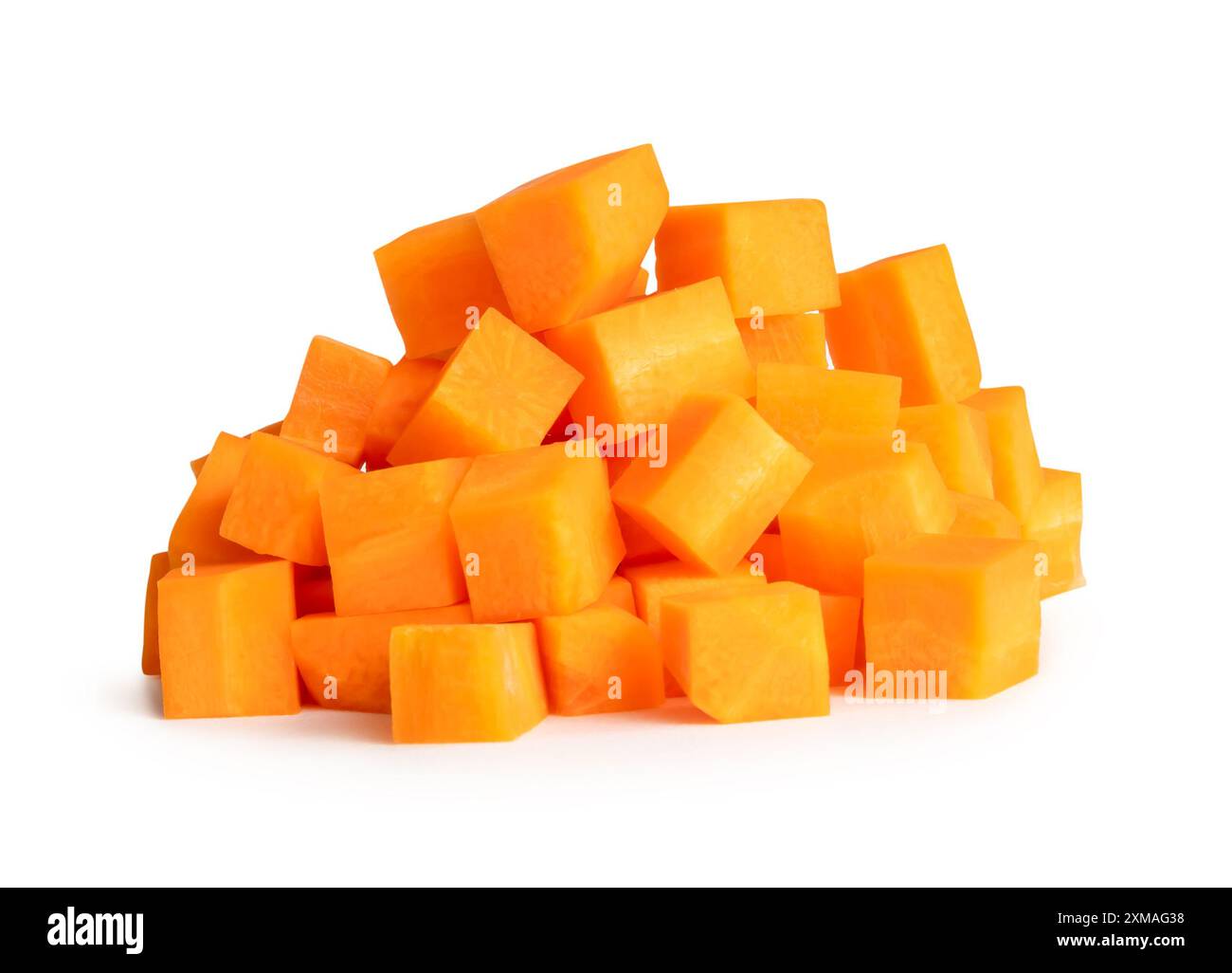 Orange carrot in cubes shape in stack is isolated on white background ...