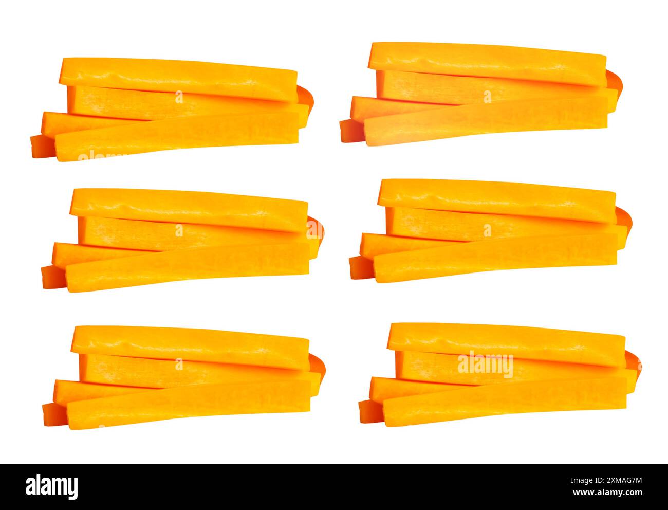 Top view set of orange carrots in stick shape in stack is isolated on ...