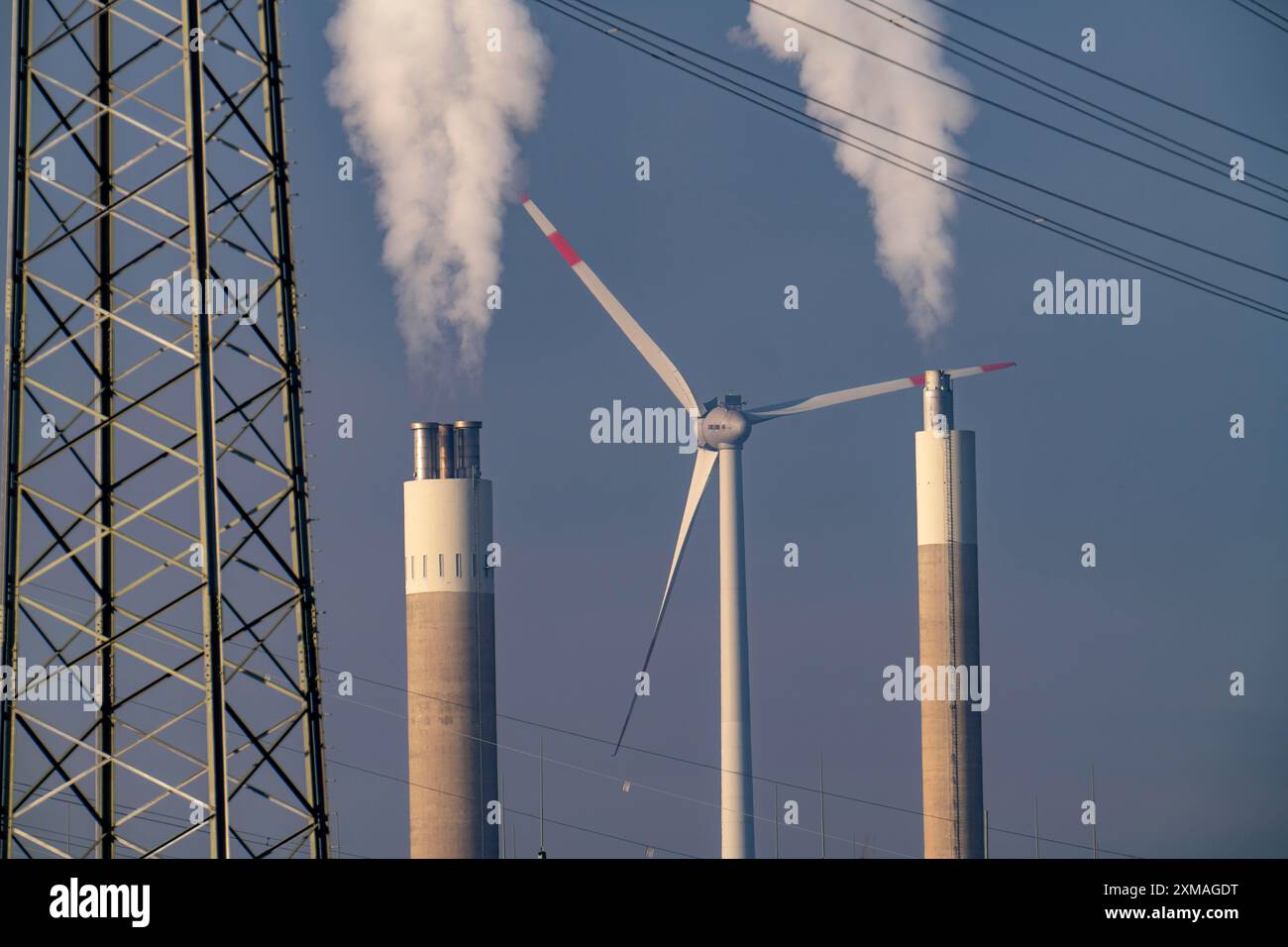 High-voltage power line, high-voltage pylon, chimney of the RZR Herten ...