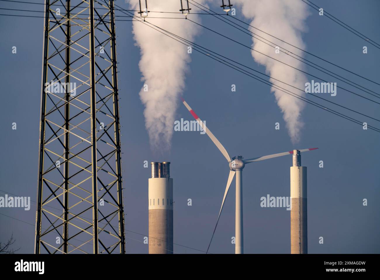 High-voltage power line, high-voltage pylon, chimney of the RZR Herten ...