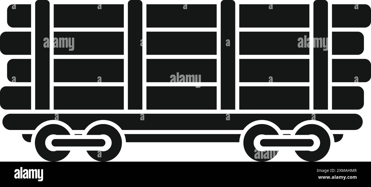 Black silhouette of a logging train waggon carrying wood cargo ...