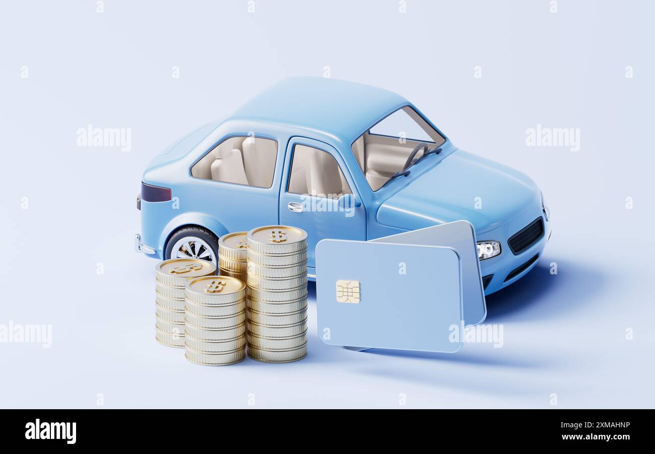 3D style automobile car and golden coins, 3d rendering. 3D illustration ...