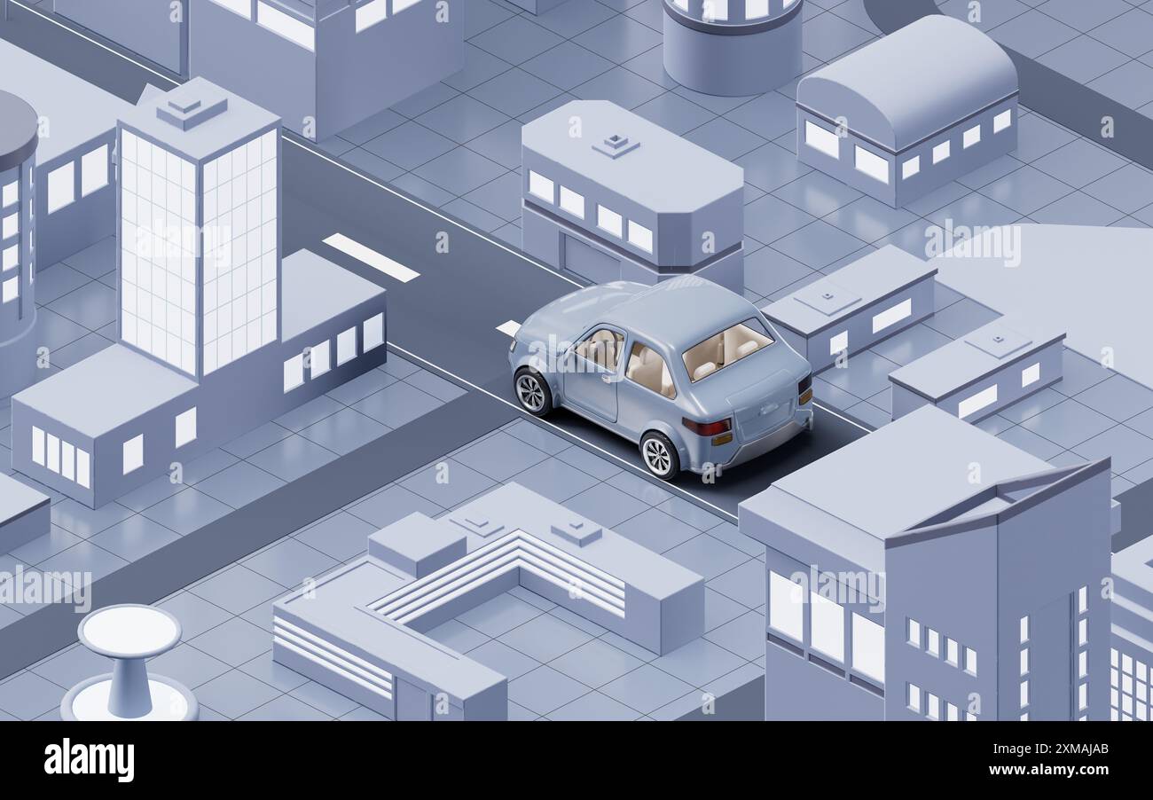 Automobile car driving on the city street, 3d rendering. 3D ...