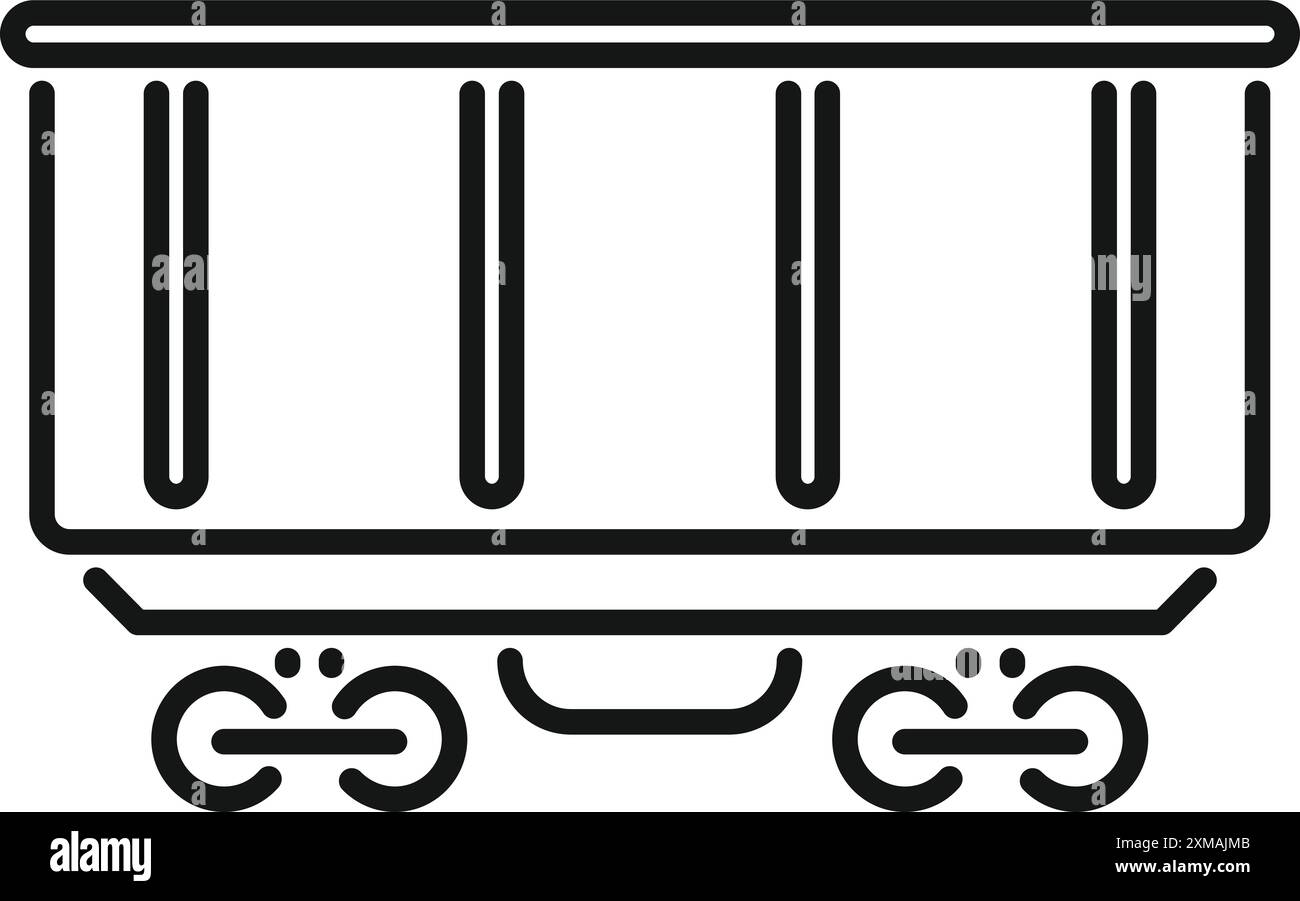 Simple line drawing icon of an empty open freight wagon being used for railway transportation ...