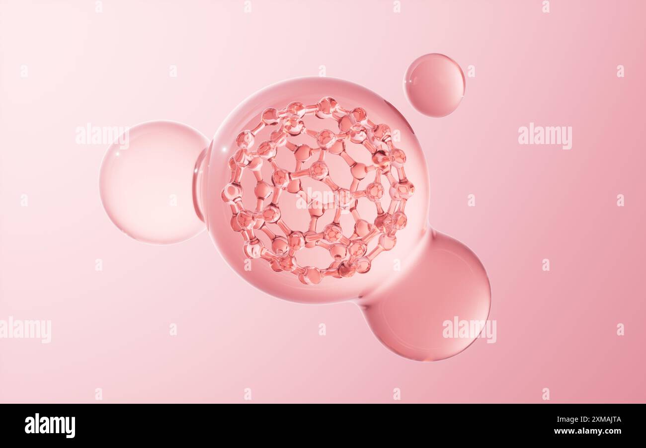 Pink molecule and soft bubbles background, 3d rendering. 3D ...