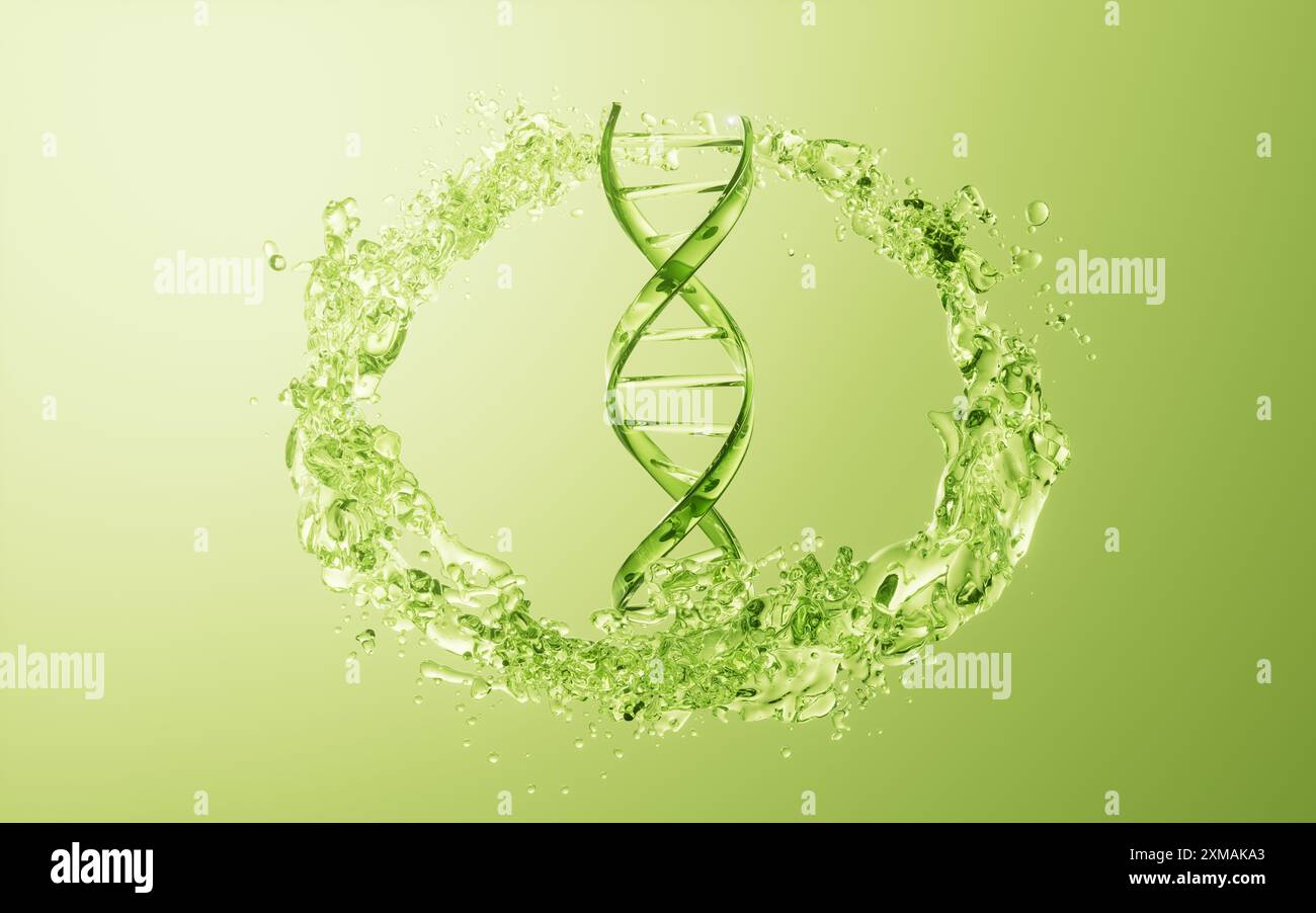 DNA and flowing water liquid background, 3d rendering. 3D illustration ...