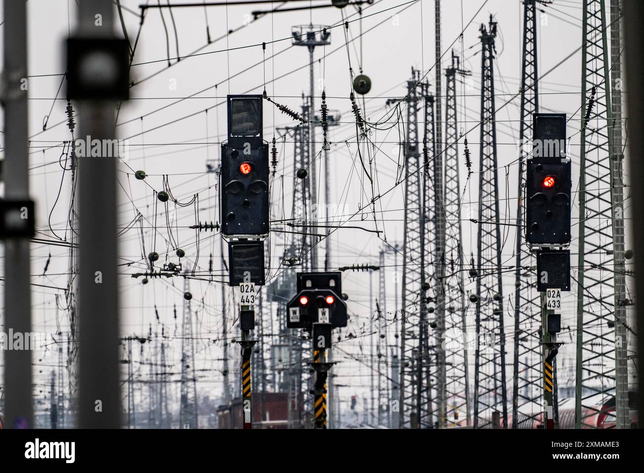 Track systems, signalling systems on red, in front of Frankfurt main ...