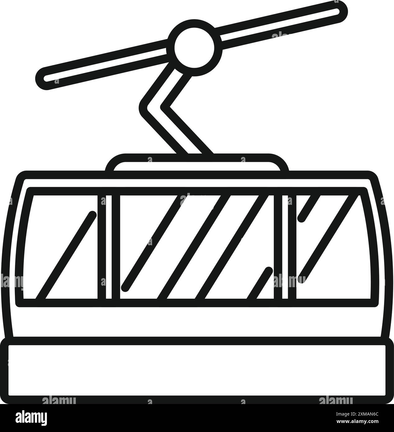 Black and white line drawing of a ski resort gondola, traveling up a ...