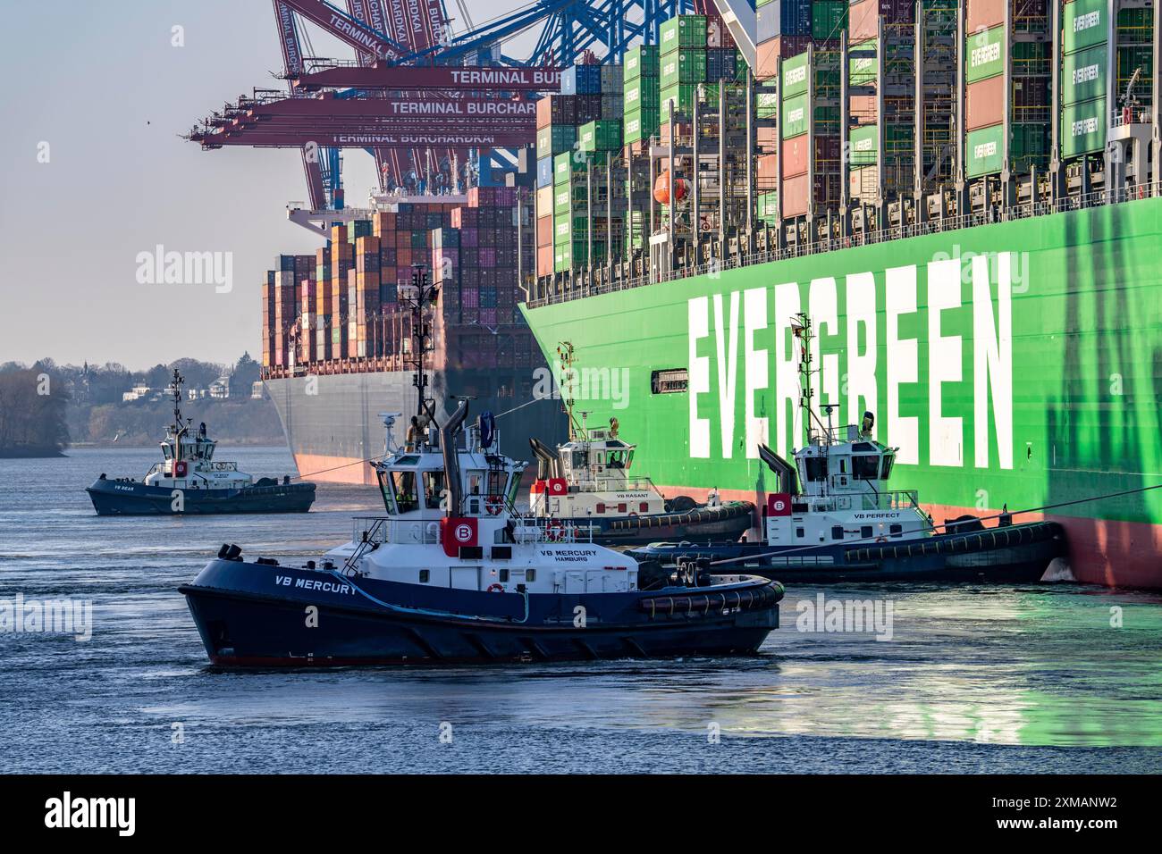 Container ship Ever Gifted, arriving at the port of Hamburg ...