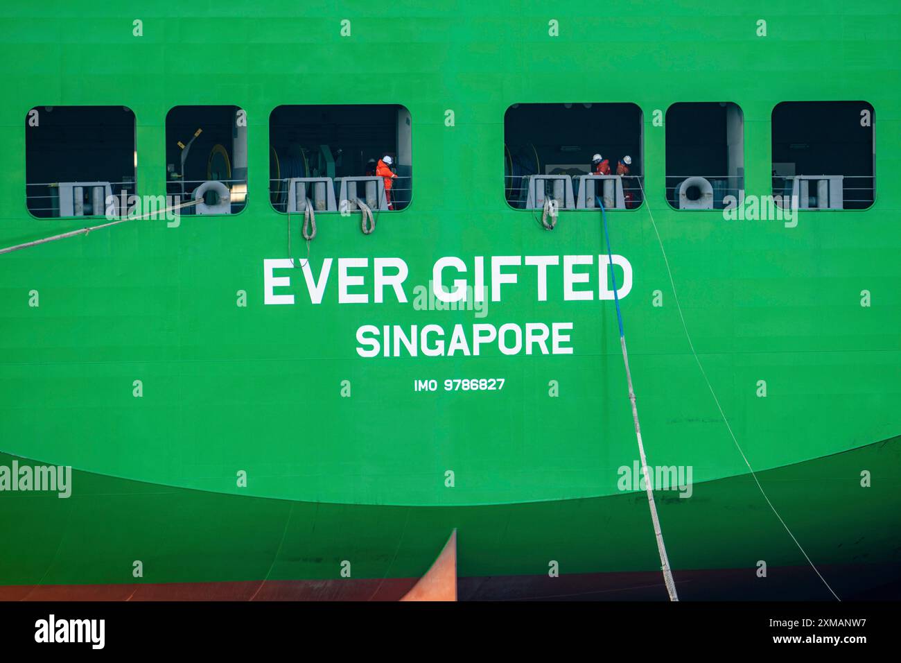 Container ship Ever Gifted, entering the port of Hamburg, Waltershofer ...