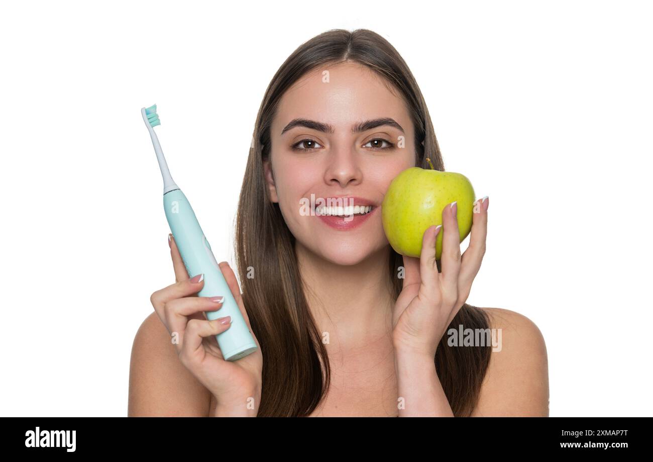 White teeth. Dental health care clinic. Electric toothbrush. Woman ...
