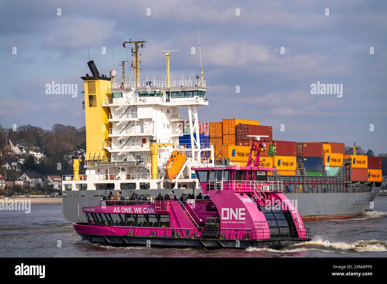 Hadag harbour ferry on the Elbe, container ship, feeder ship, height ...